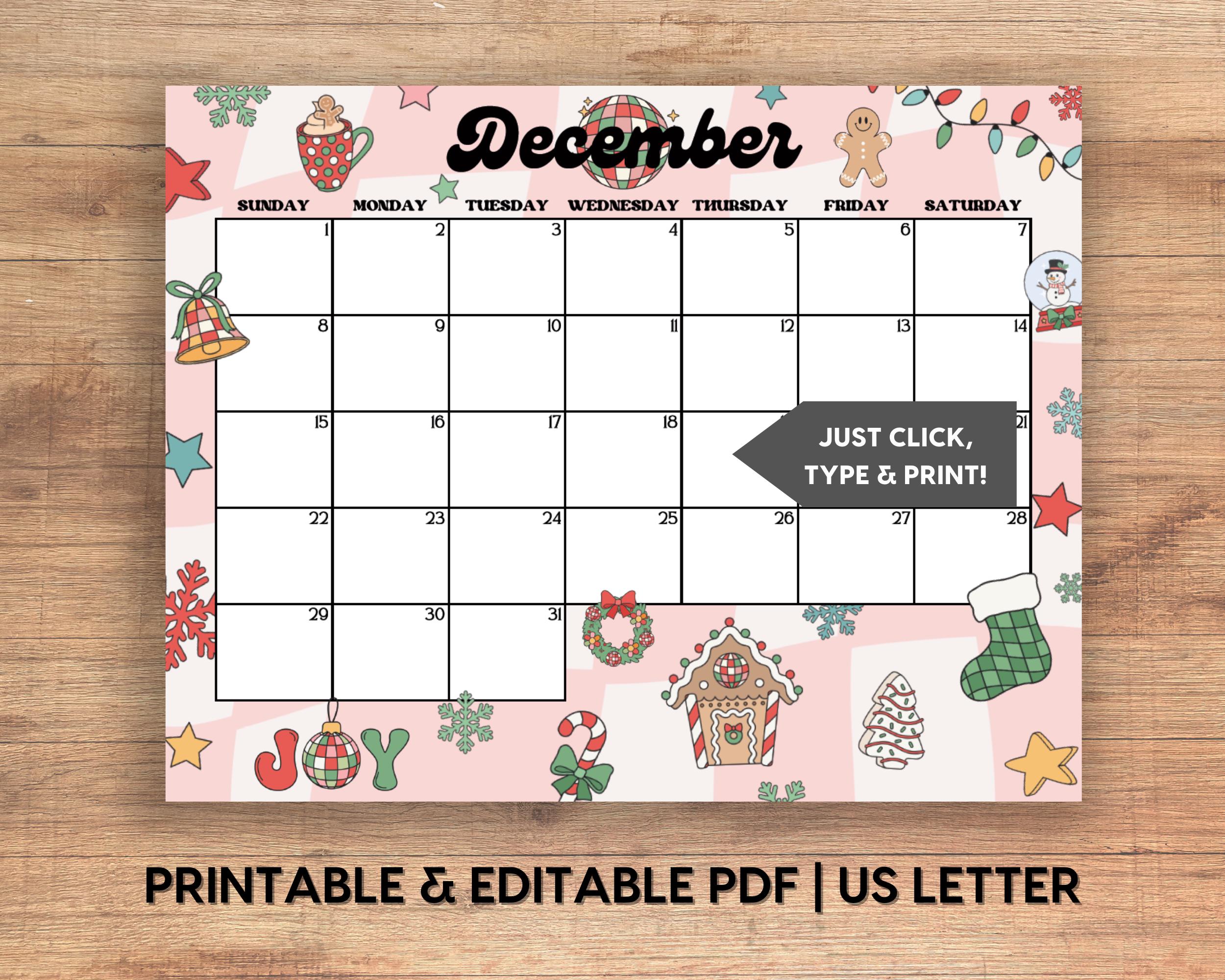 Editable December 2024 Calendar, Printable Monthly Calendar, Fillable ...