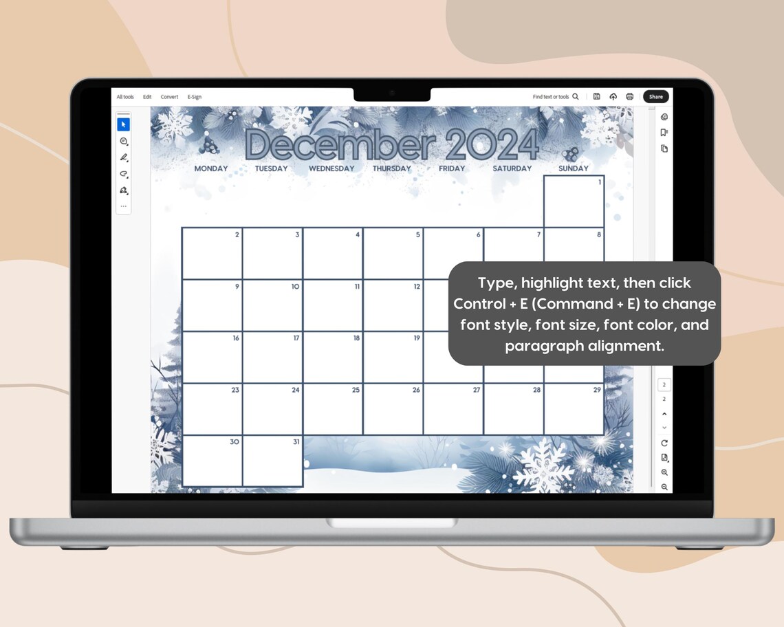 Editable December 2024 Calendar, Printable Monthly Calendar, Fillable ...