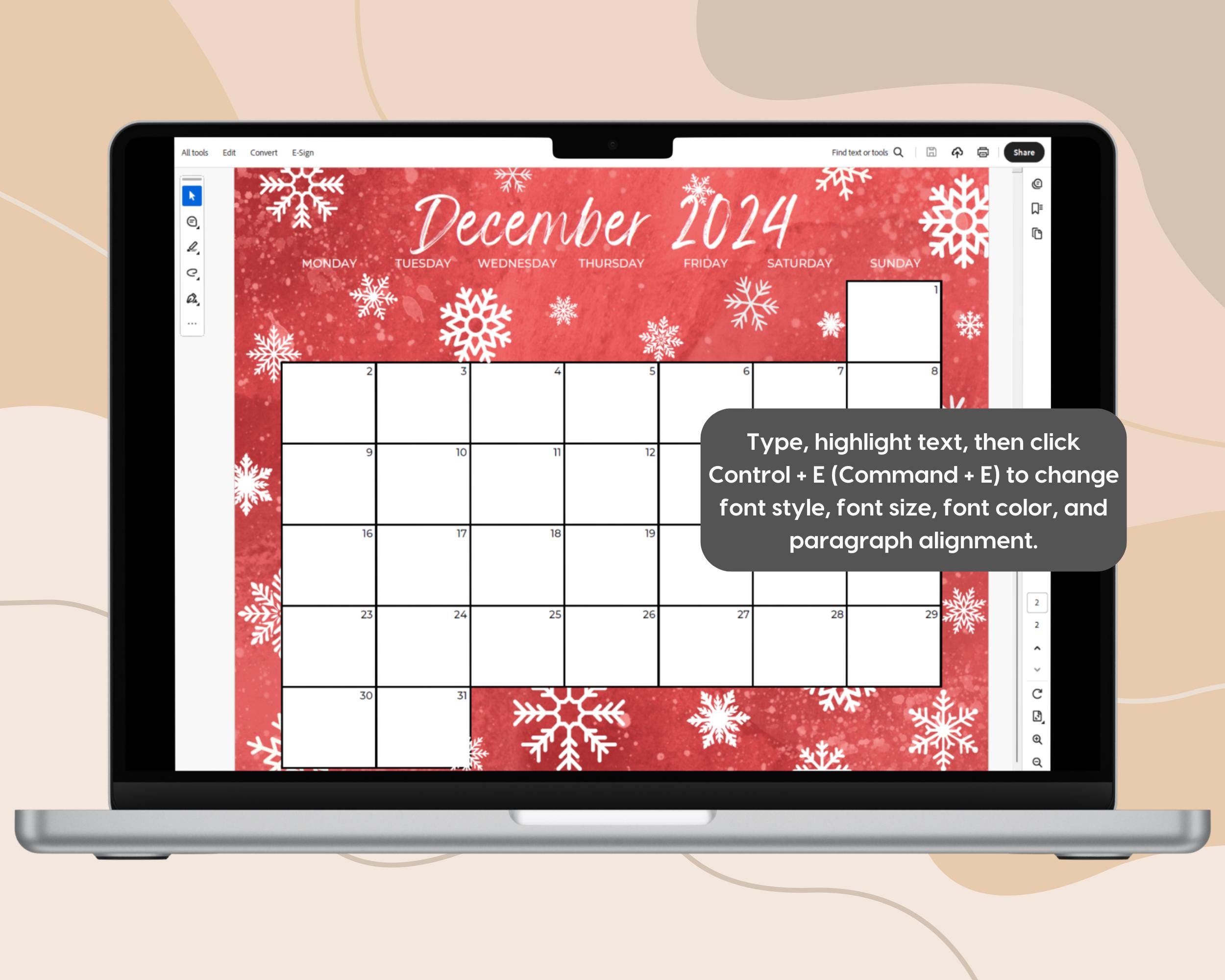 Editable December 2024 Calendar, Printable Monthly Calendar, Fillable ...