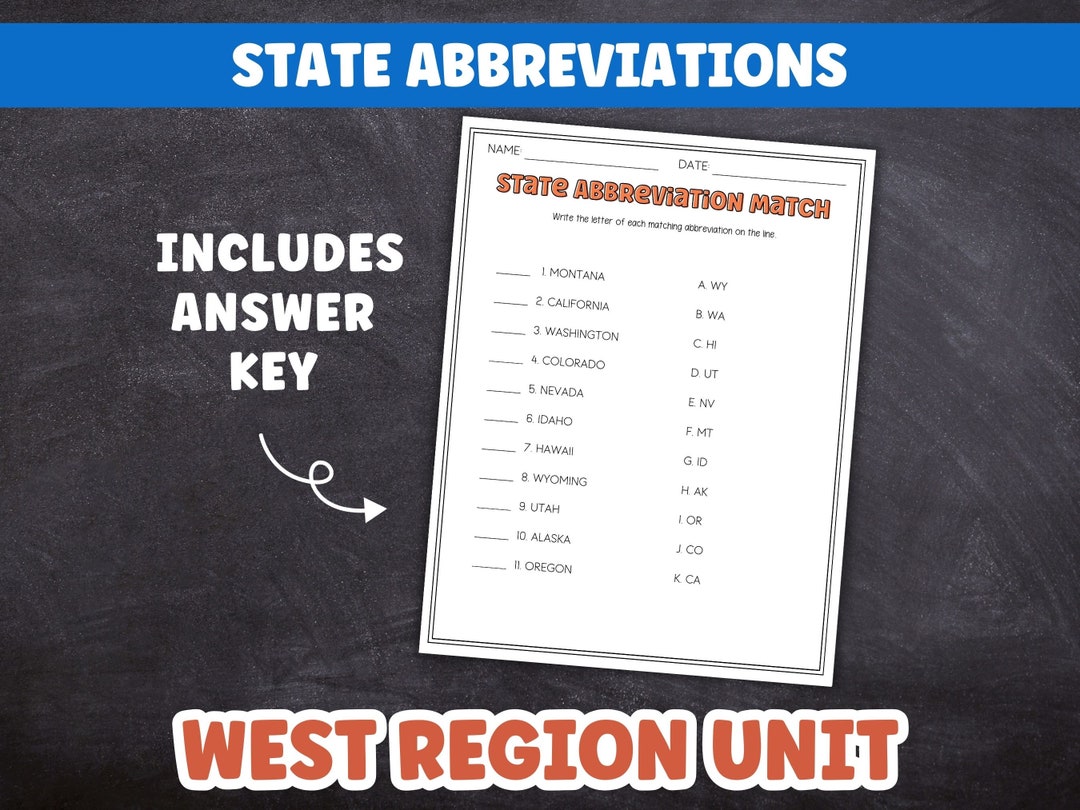 State Abbreviation Matching Activity West Region US Geography US States ...