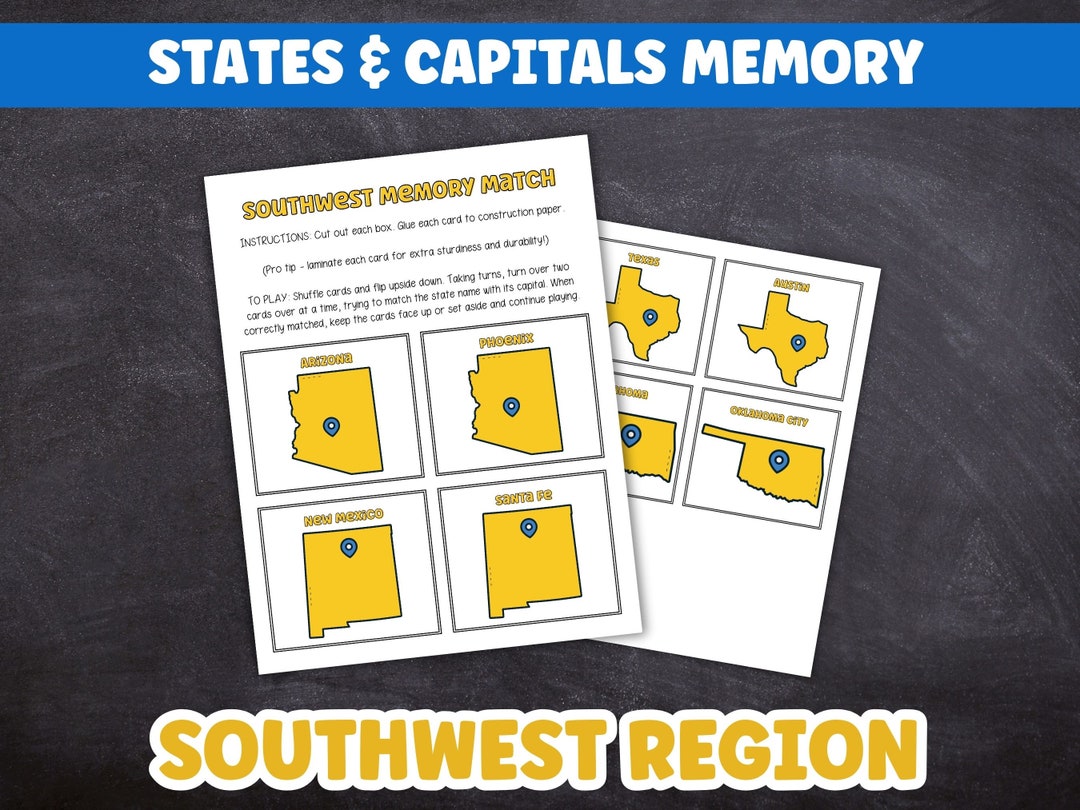 States and Capitals Memory Match Game Southwest Region US Geography 3rd ...