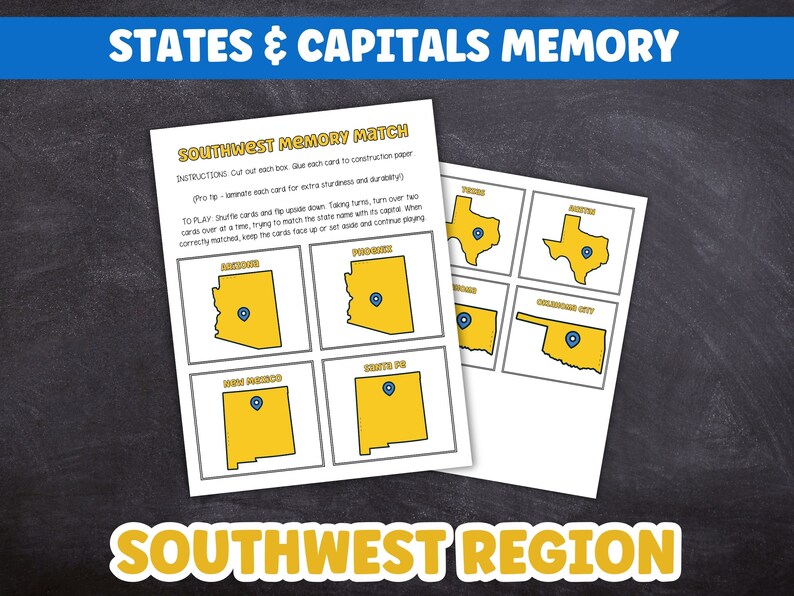 States and Capitals Memory Match Game Southwest Region US Geography 3rd ...