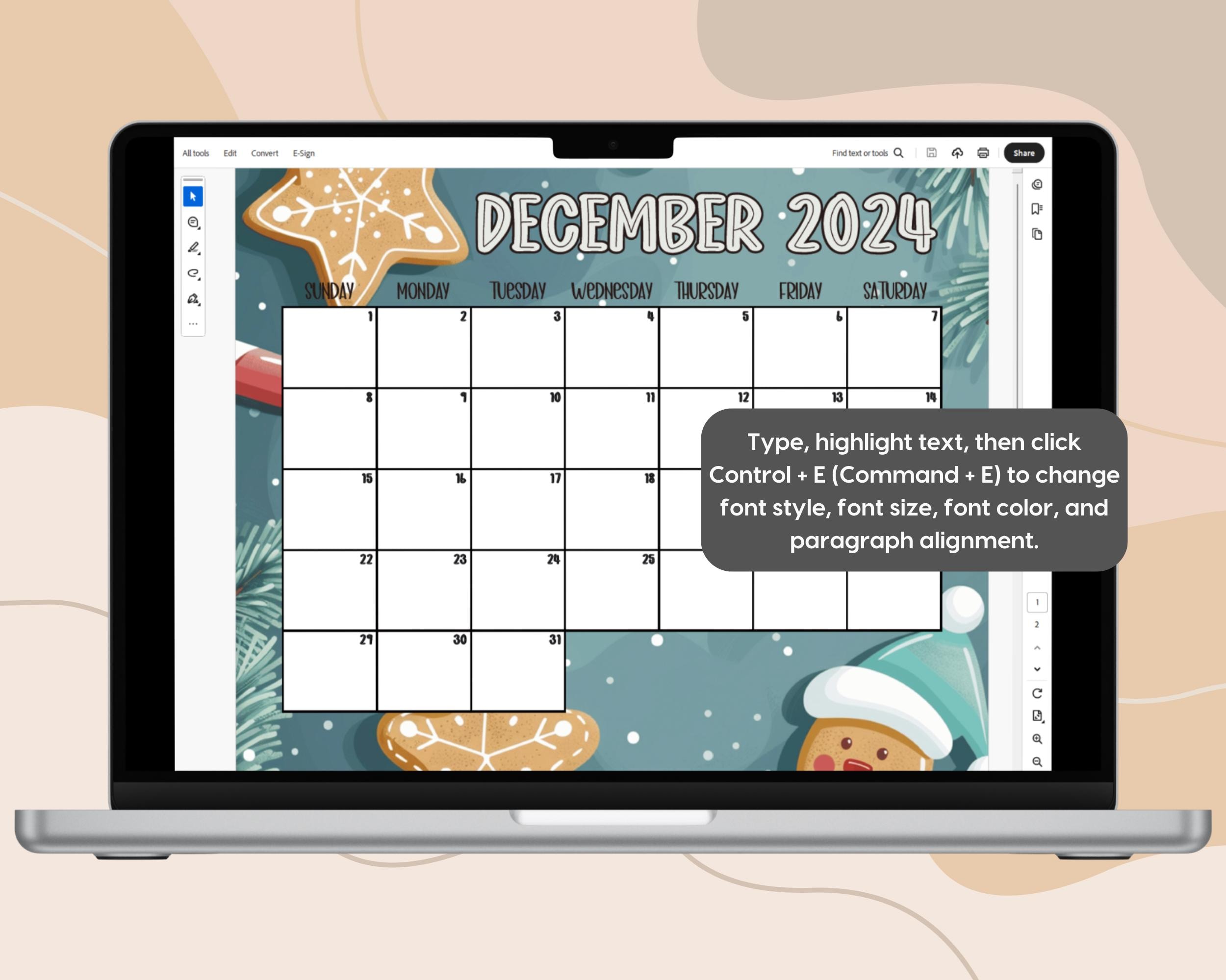 Editable December 2024 Calendar, Printable Monthly Calendar, Fillable ...