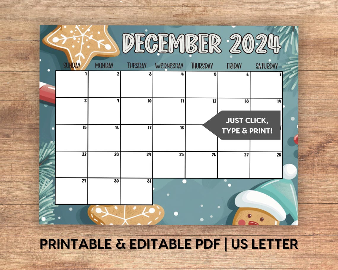 Editable December 2024 Calendar, Printable Monthly Calendar, Fillable ...