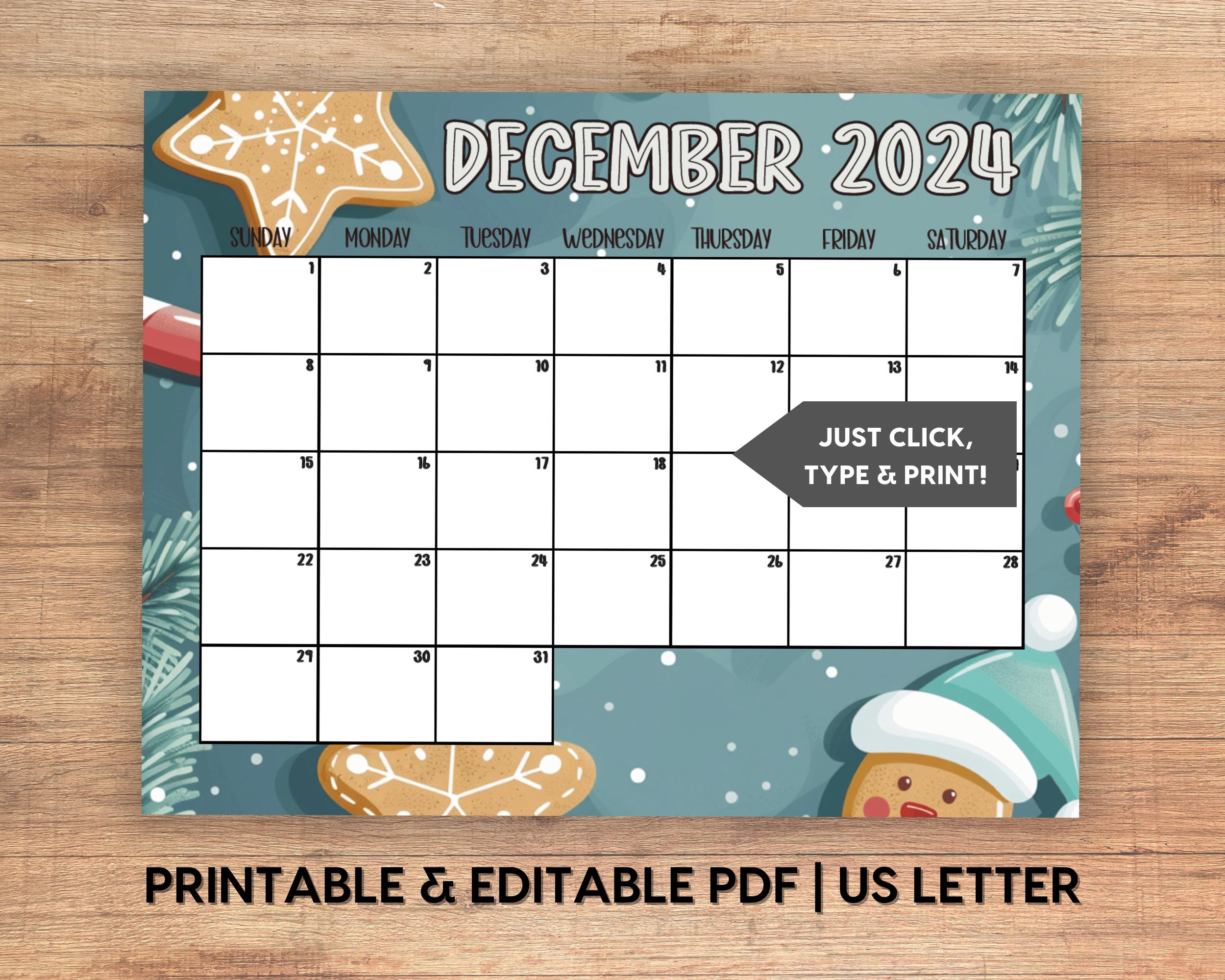 Editable December 2024 Calendar, Printable Monthly Calendar, Fillable ...