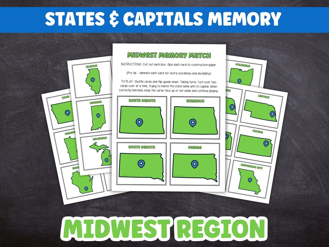 States and Capitals Memory Match Game Midwest Region US Geography 3rd ...