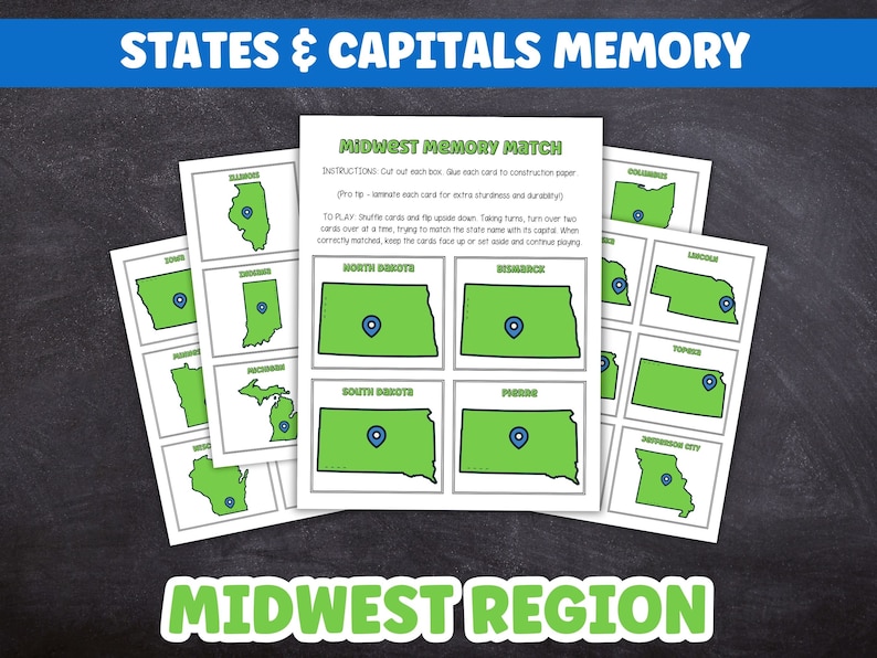 States and Capitals Memory Match Game Midwest Region US Geography 3rd ...