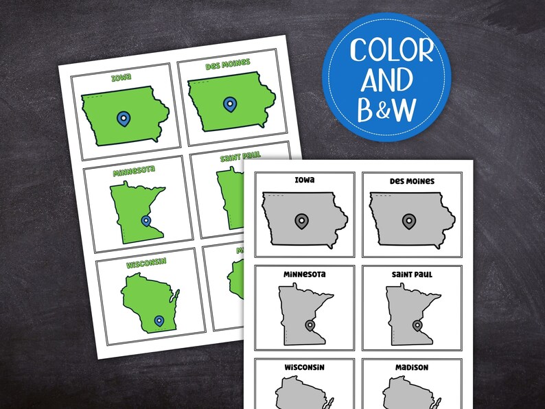 States and Capitals Memory Match Game Midwest Region US Geography 3rd ...