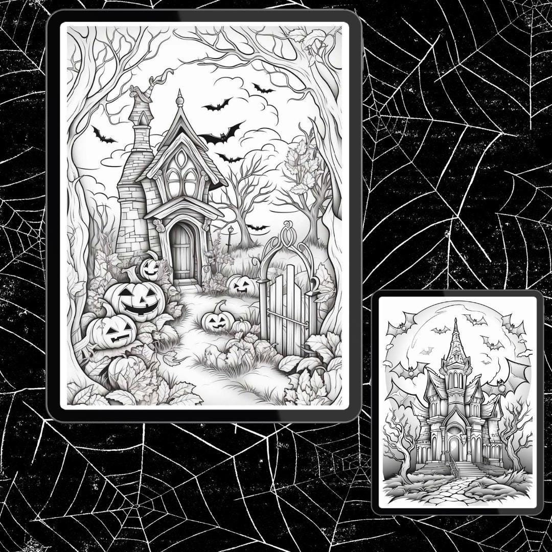 Haunted House Coloring Page, Halloween Coloring Page, Haunted Halloween ...