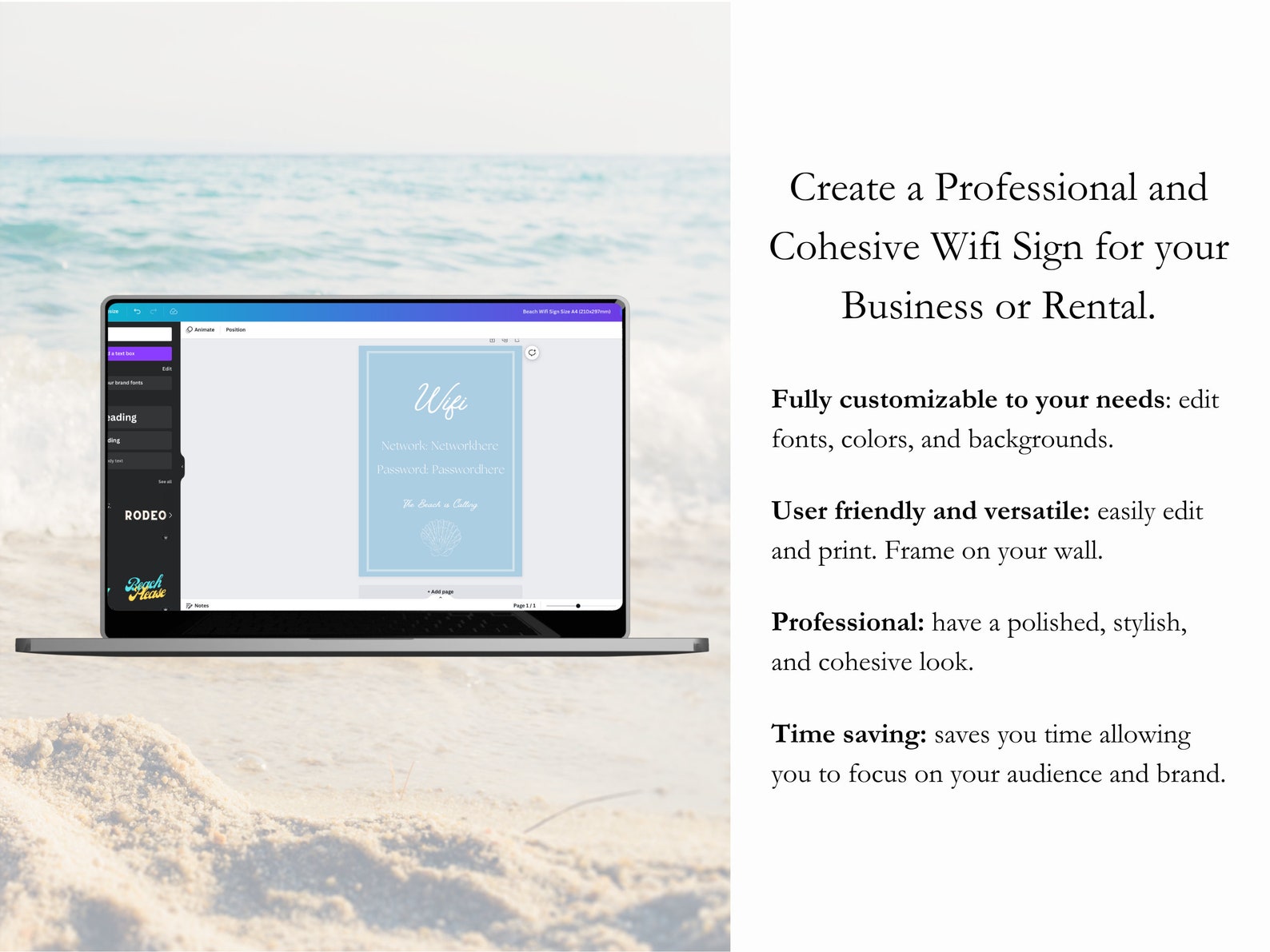 Printable Beach Wifi Sign Canva Template | Blue Beach Wifi Template ...