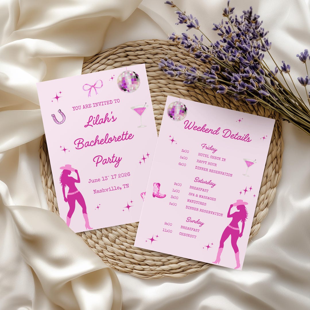 Bachelorette Itinerary Card Disco Cowgirl Bachelorette Party Card Canva ...