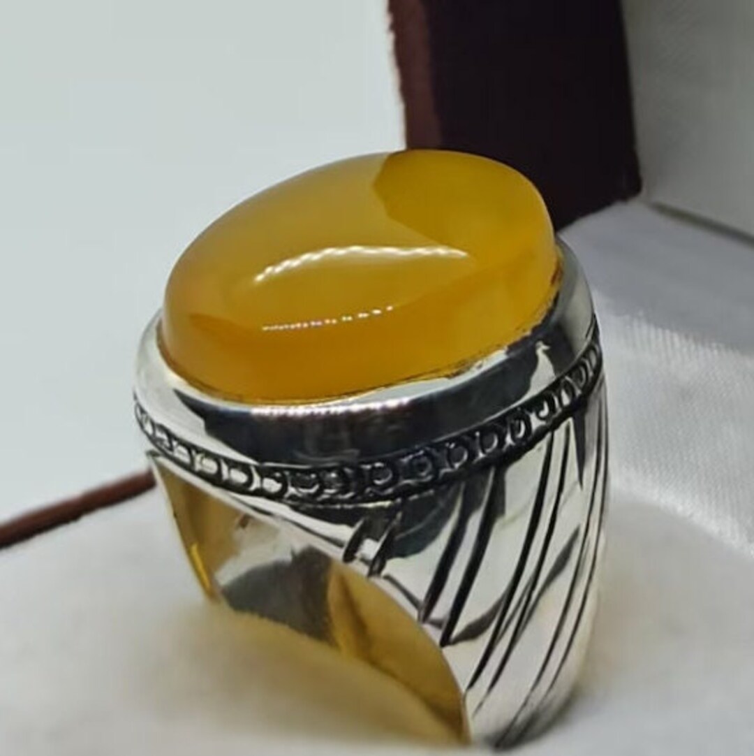 Yellow Agate Ring Natural Yellow Agate Ring Handmade Aqeeq Stone Big ...