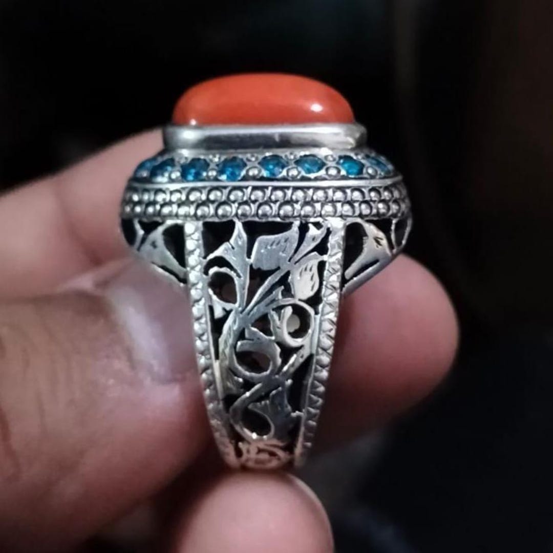 Real Marjan Stone Ring - Capsule Oval Coral Ring - Sterling Silver 925 ...