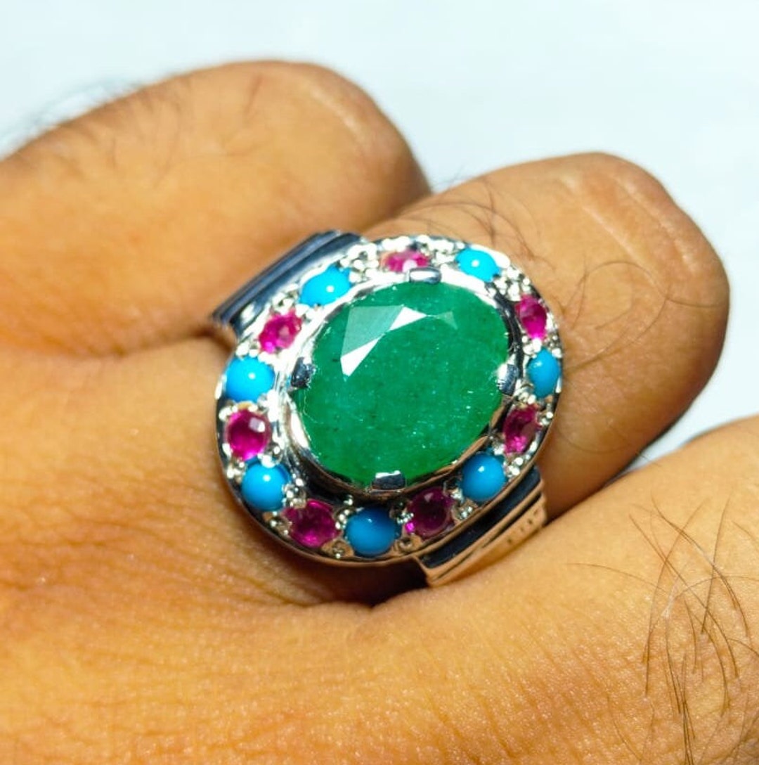 Natural Emerald Ring Genuine Zamurd Stone With Turquoise & Ruby Stones ...