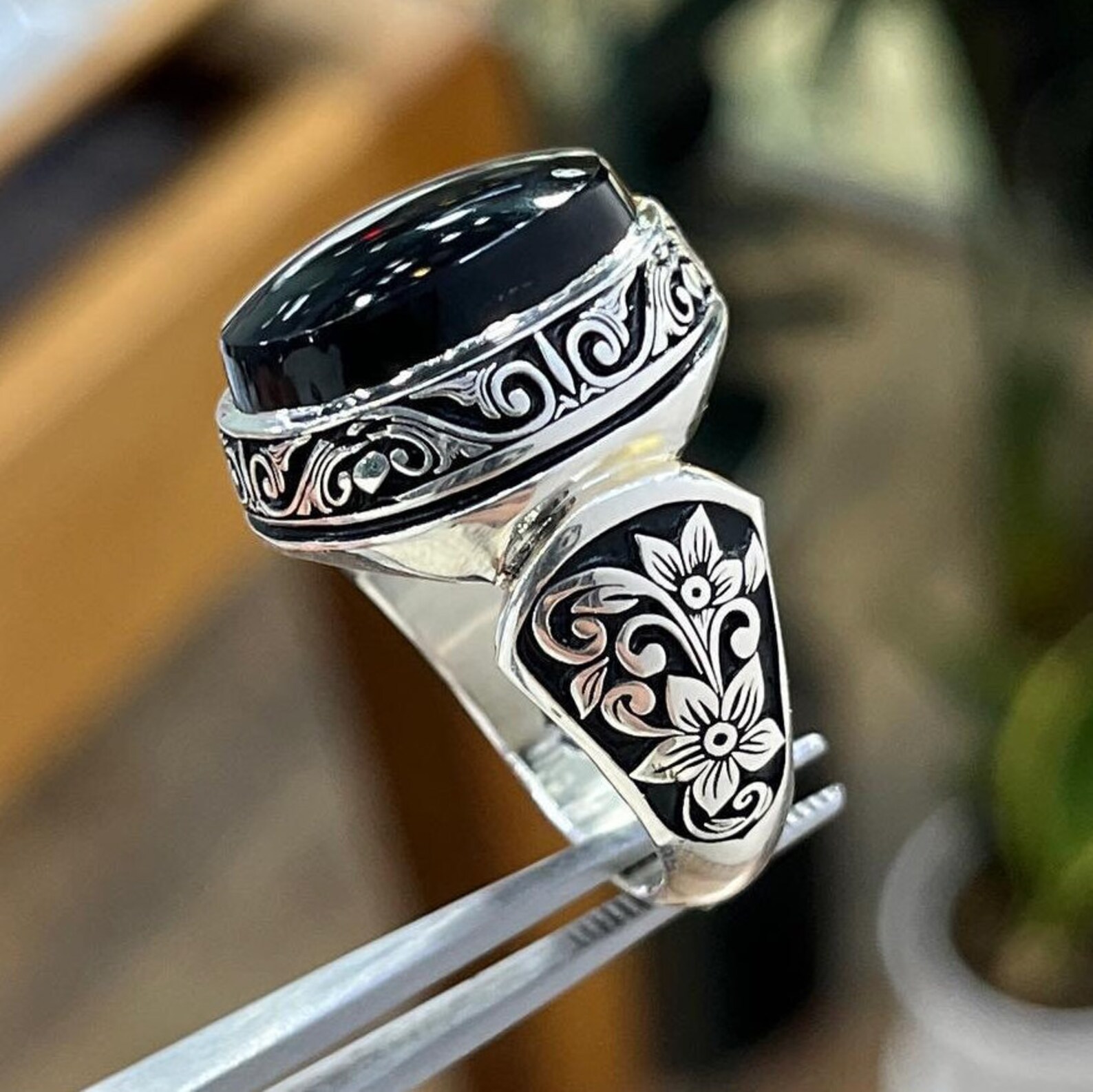 Natural Black Agate Stone Original Carnelian Akik Ring Flower Design ...