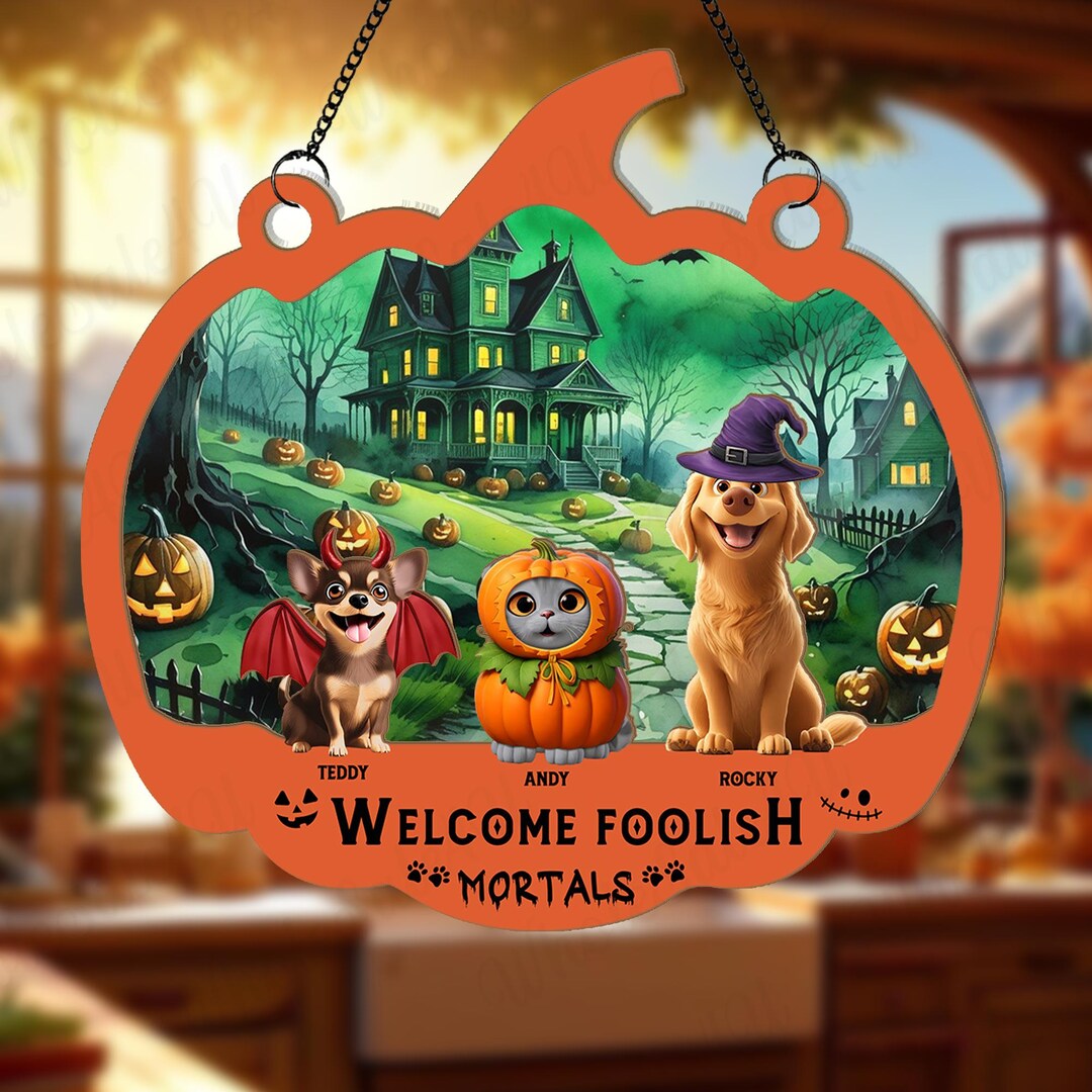 Personalized Dog Halloween Suncatcher Ornament, Halloween Welcome ...