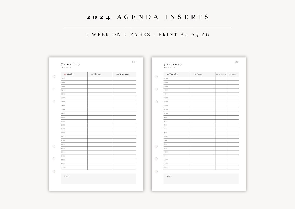 NEW 2024 Calendar Agenda / Planner Inserts 1 Week on 2 Pages - Etsy