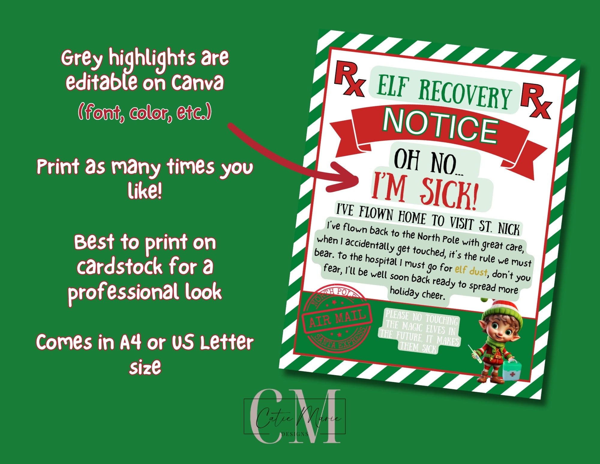 Editable Elf Recovery Notice Printable, Oh No I'm Sick Note Letter, Don ...
