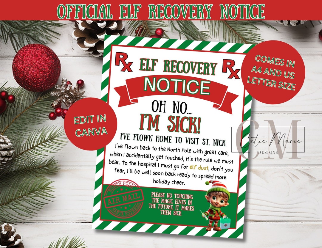 Editable Elf Recovery Notice Printable, Oh No I'm Sick Note Letter, Don ...