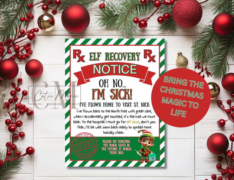 Editable Elf Recovery Notice Printable, Oh No I'm Sick Note Letter, Don ...
