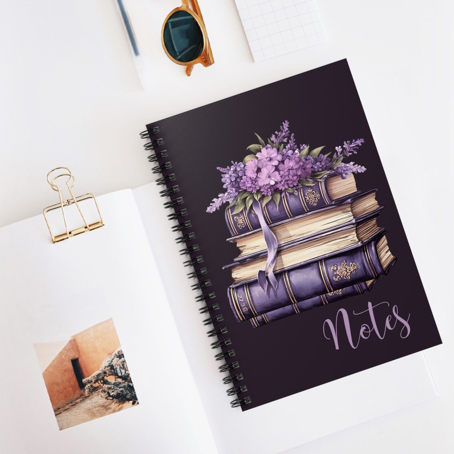 Purple Vintage Book Stack With Purple Flowers Notebook Purple Journal ...