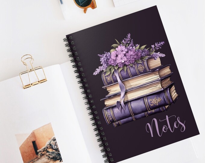 Purple Vintage Book Stack With Purple Flowers Notebook | Purple Journal ...