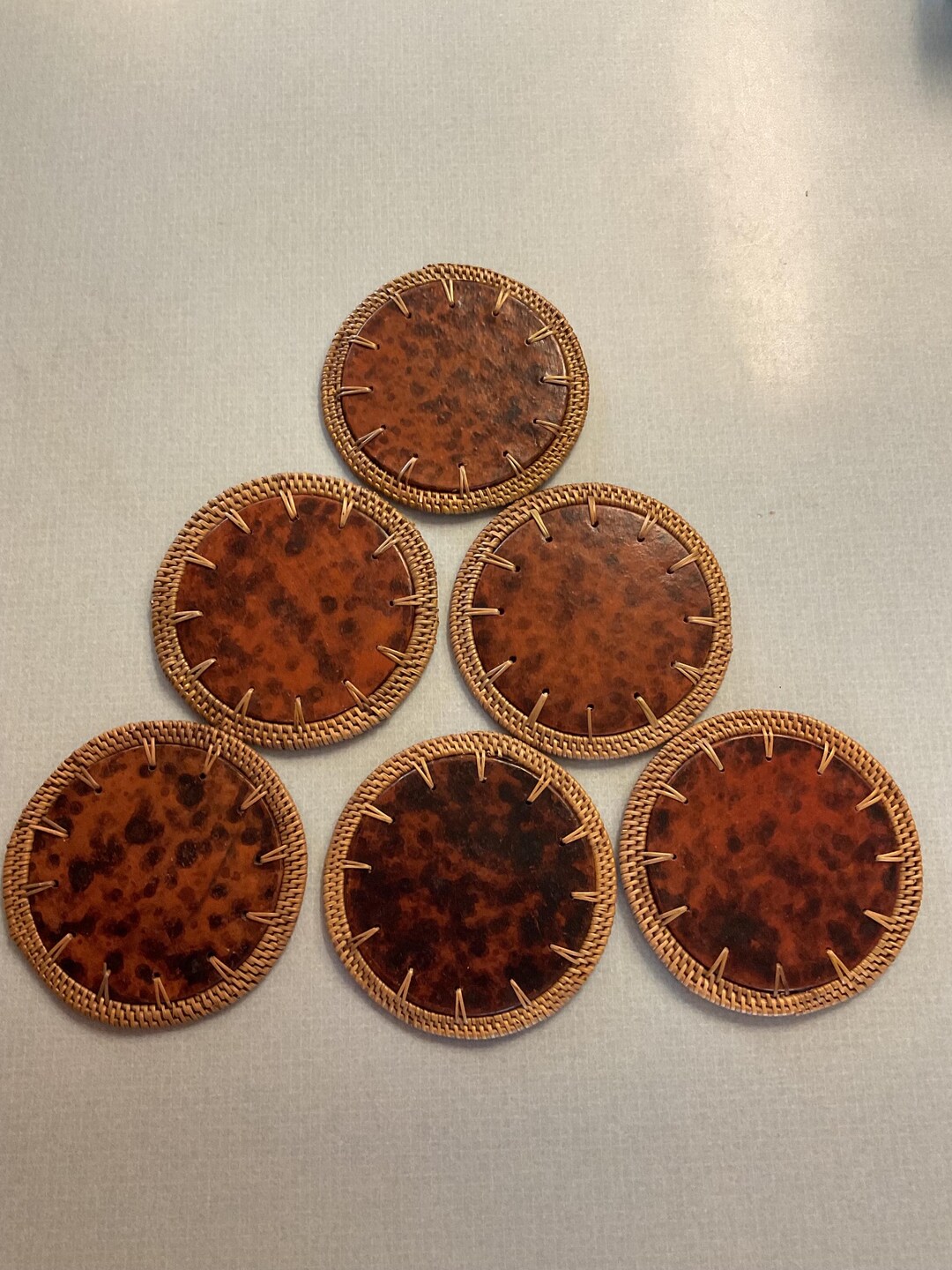 70s Ceramic and Rattan 6 Round Coaster / Rawhide Look - Etsy