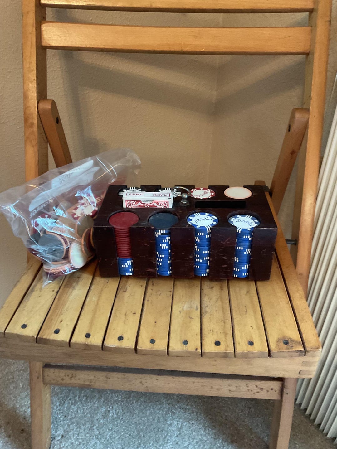 Vtg Wood Poker Chip Holder/ Clay Chips , Bicycle Chips and Cards ...