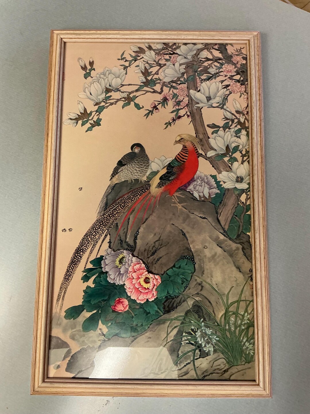 Vtg Framed Replica Floral Bird Asian/watercolor Handpainted? 23”x14.3 ...