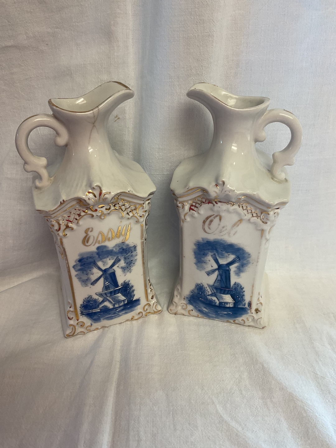 Antique Porcelain German Essig and Oel Cruet Pair in Blue and White ...