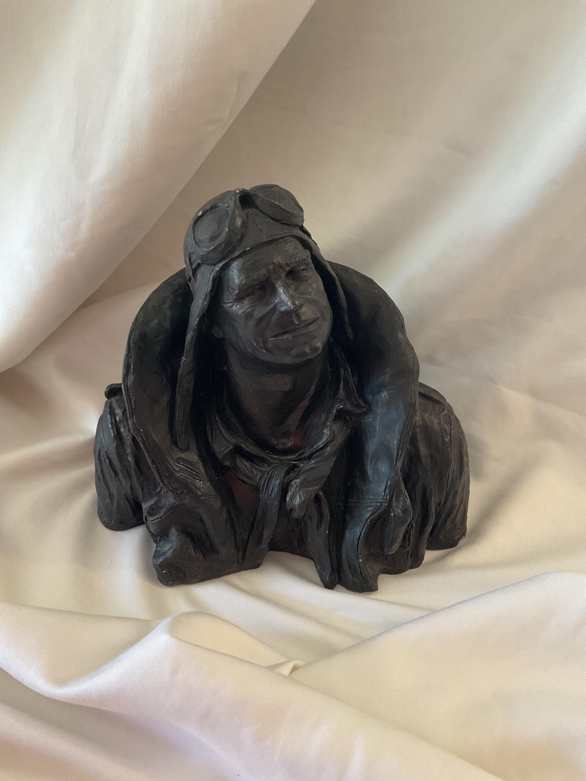 1973 Michael Garman Pilot Aviator Bust Statue Sculpture Flying Leather ...