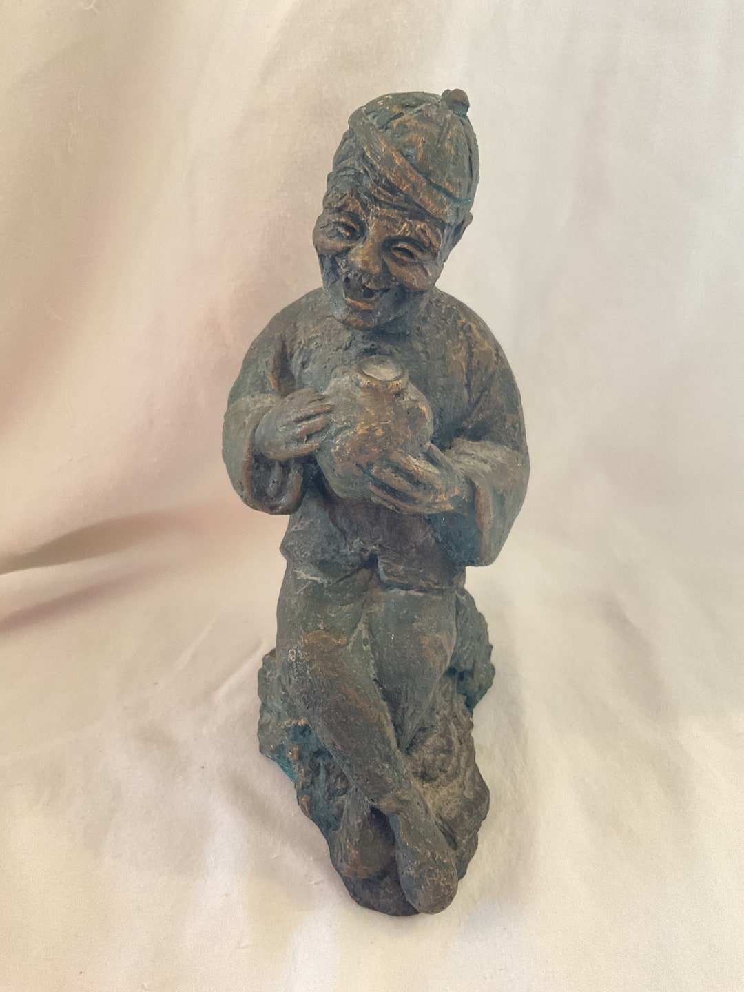 Vtg Smiling Asian Man Figurine Statue Heavy Concrete Art Bronze Color ...