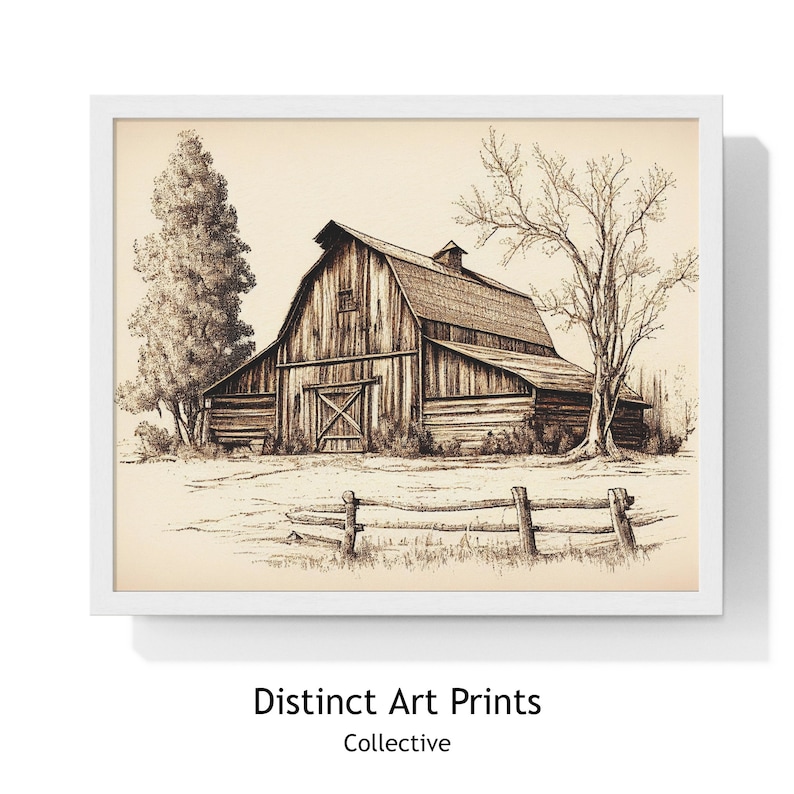 Landscape Sketch | Vintage Art | Barn and Trees Drawing | PRINTABLE ...