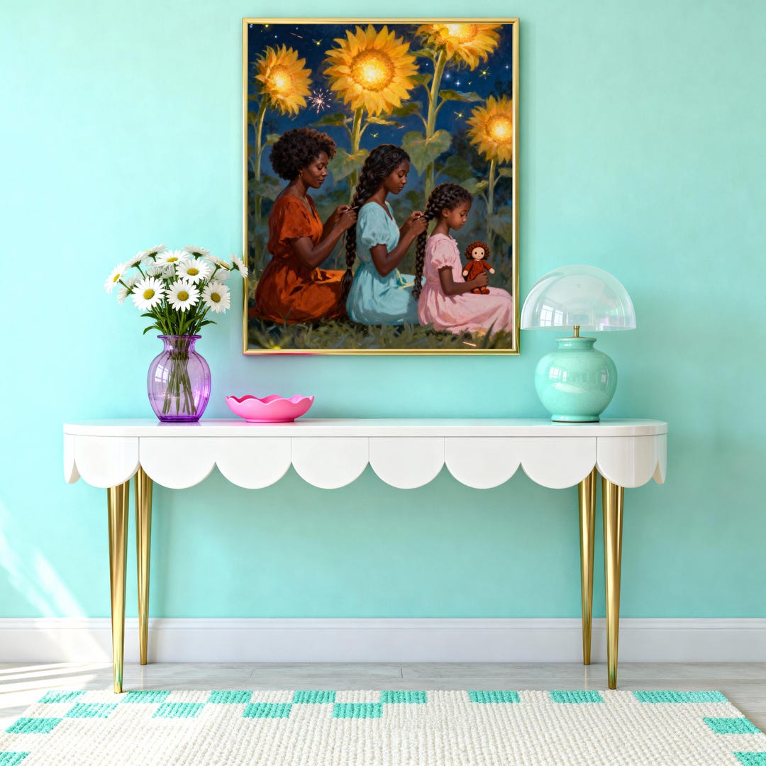 Three Generations Braiding Hair by Sunflowers – Afrocentric Motherhood ...