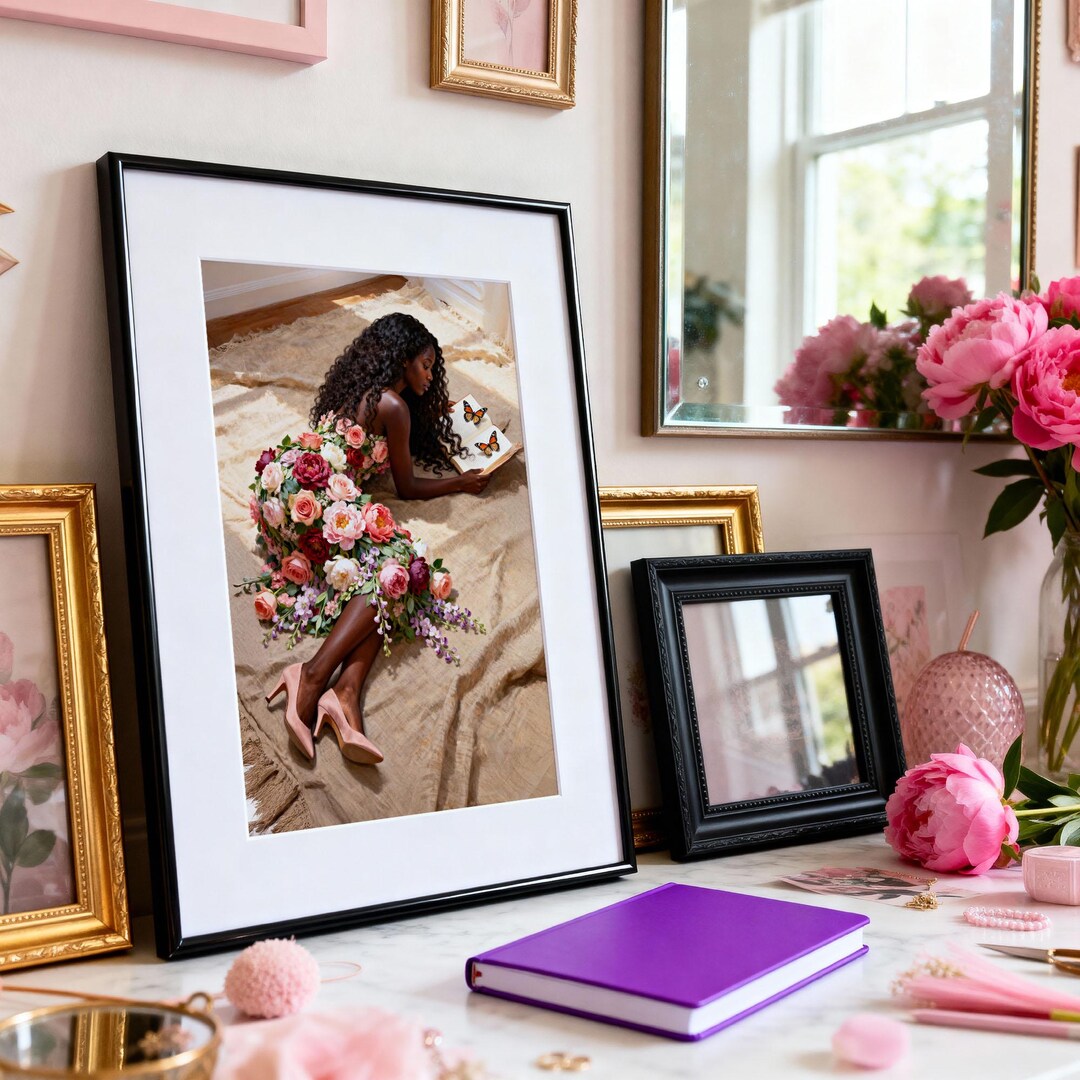 Black Woman Floral Resting Wall Art | Romantic Flower Dress Printable ...