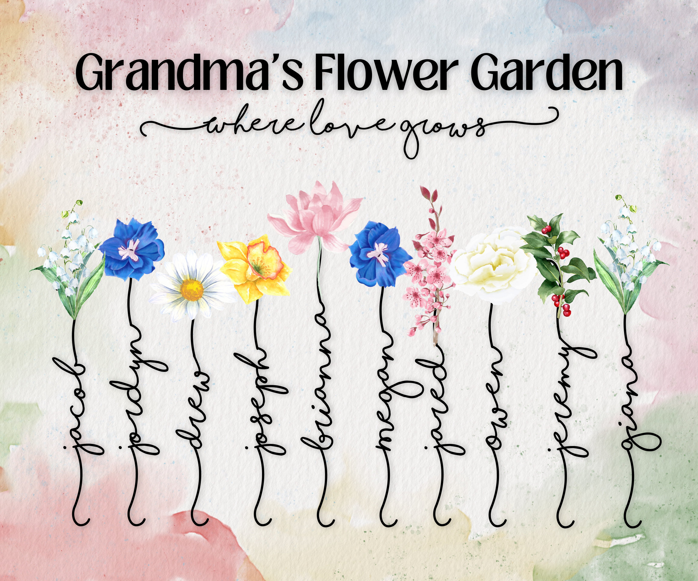 Digital Grandma's Flower Garden, Birth Flower Image, Personalized Names ...
