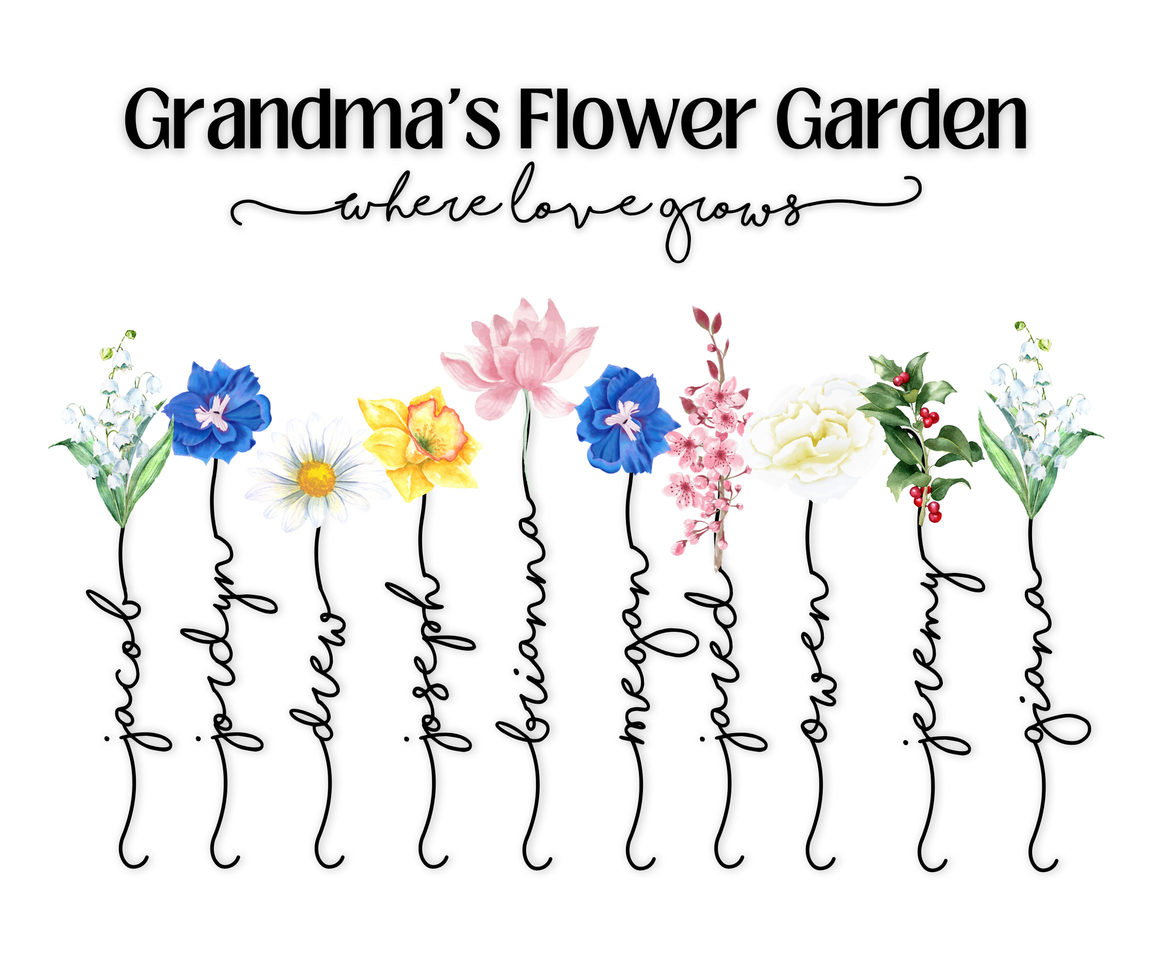 Grandma's Garden Print, Birth Flower Sign, Gift for Grandma or Mom ...