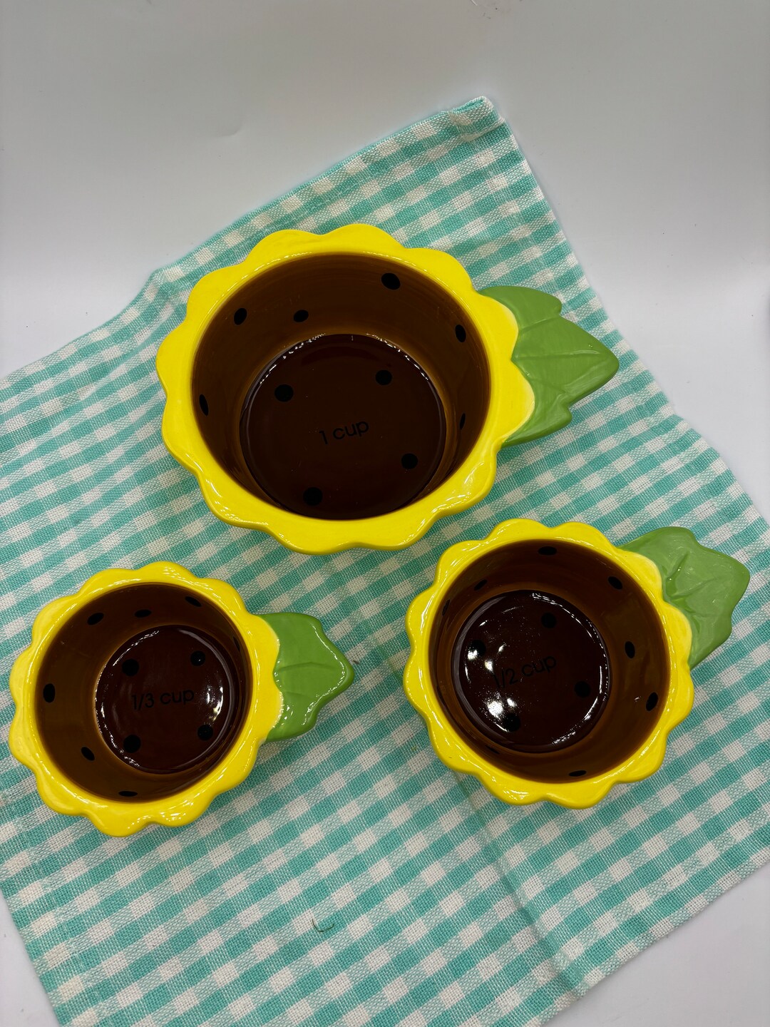 GANZ Sunflower 3 Pc. Measuring Cup Set Ceramic Green Yellow Brown ...