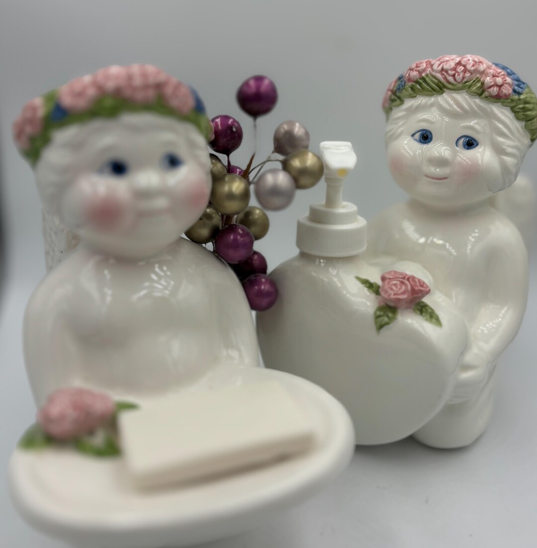 Twin CHERUB Angel SOAP HOLDER Pink and Green Floral Garland Ceramic ...