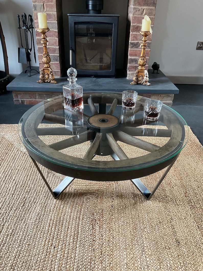 Oak Cart Wheel Coffee Table - Etsy UK