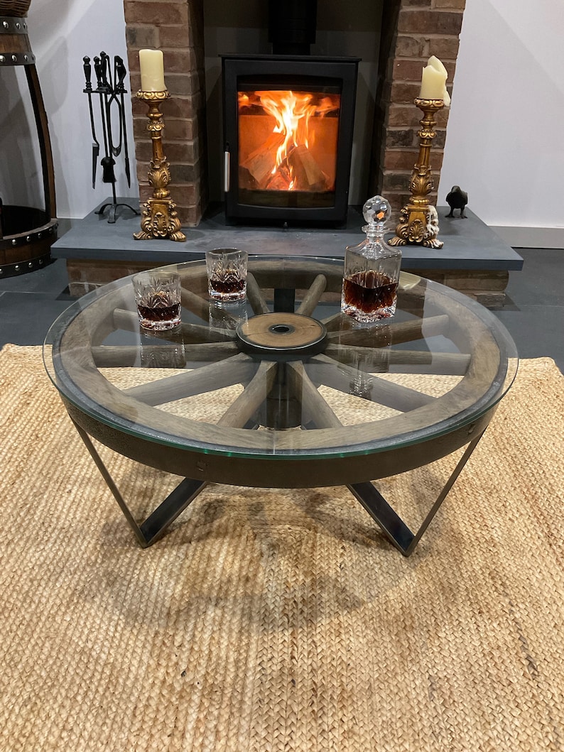 Oak Cart Wheel Coffee Table - Etsy UK