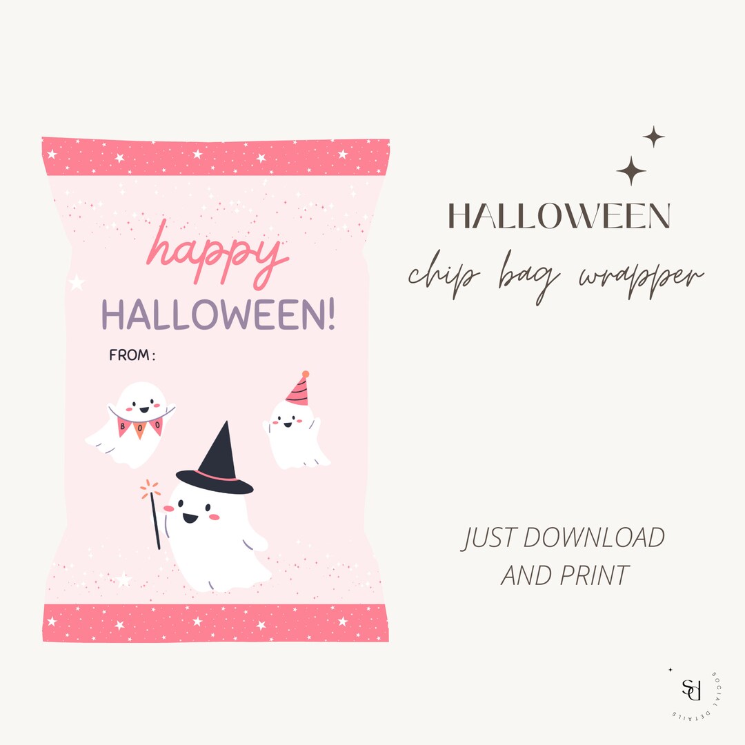 Pink Halloween Chip Bag Wrapper, INSTANT DOWNLOAD, Cute Halloween Candy ...