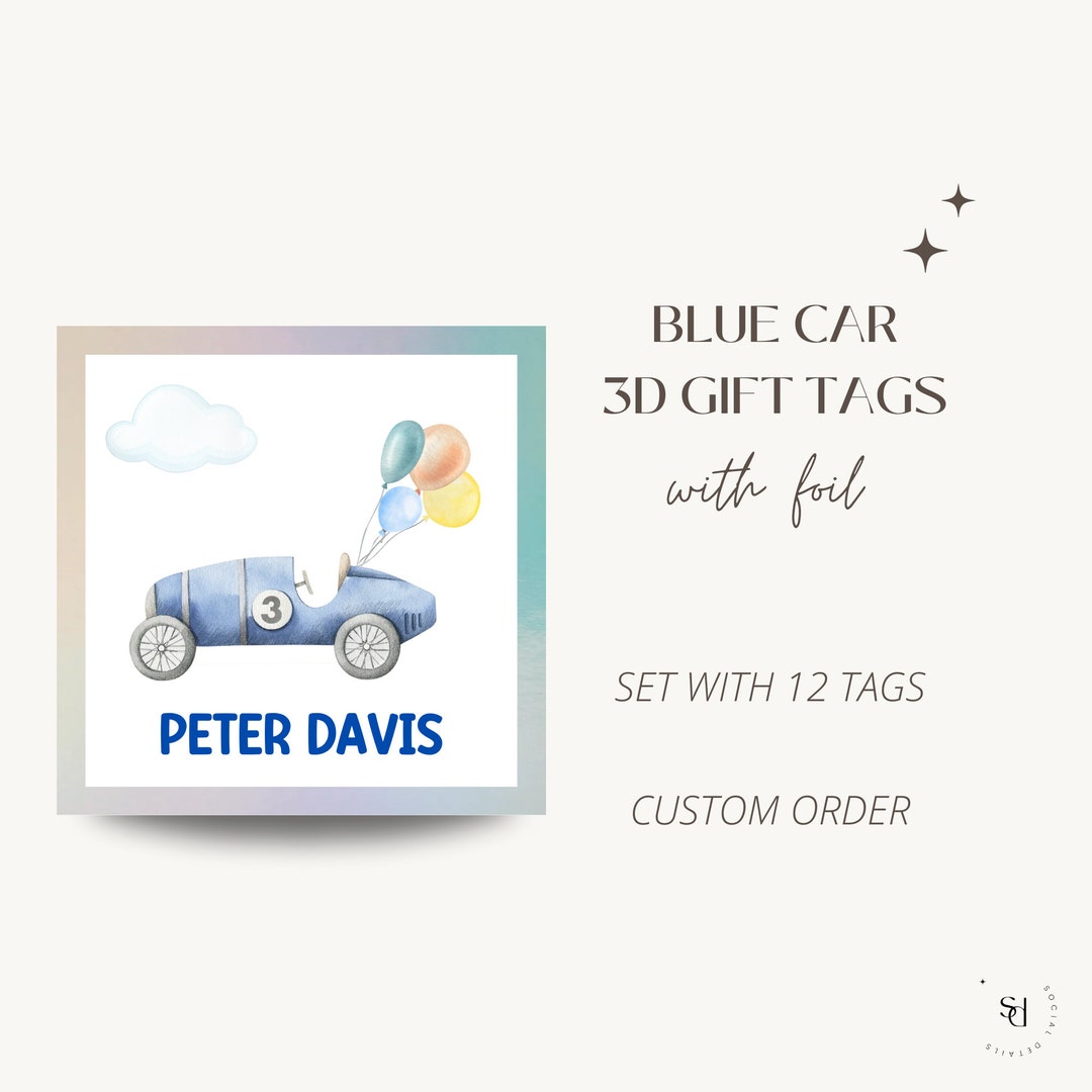 Blue Car Gift Tags, Personalized Gift Tags, 3D Gift Tags, Enclosure ...
