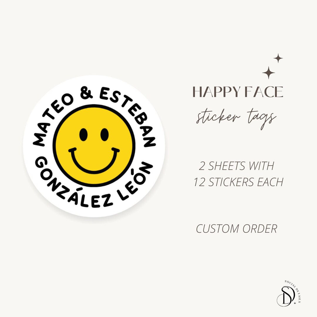 Personalized Sticker Tags, Happy Face, Name Stickers, Name Labels ...