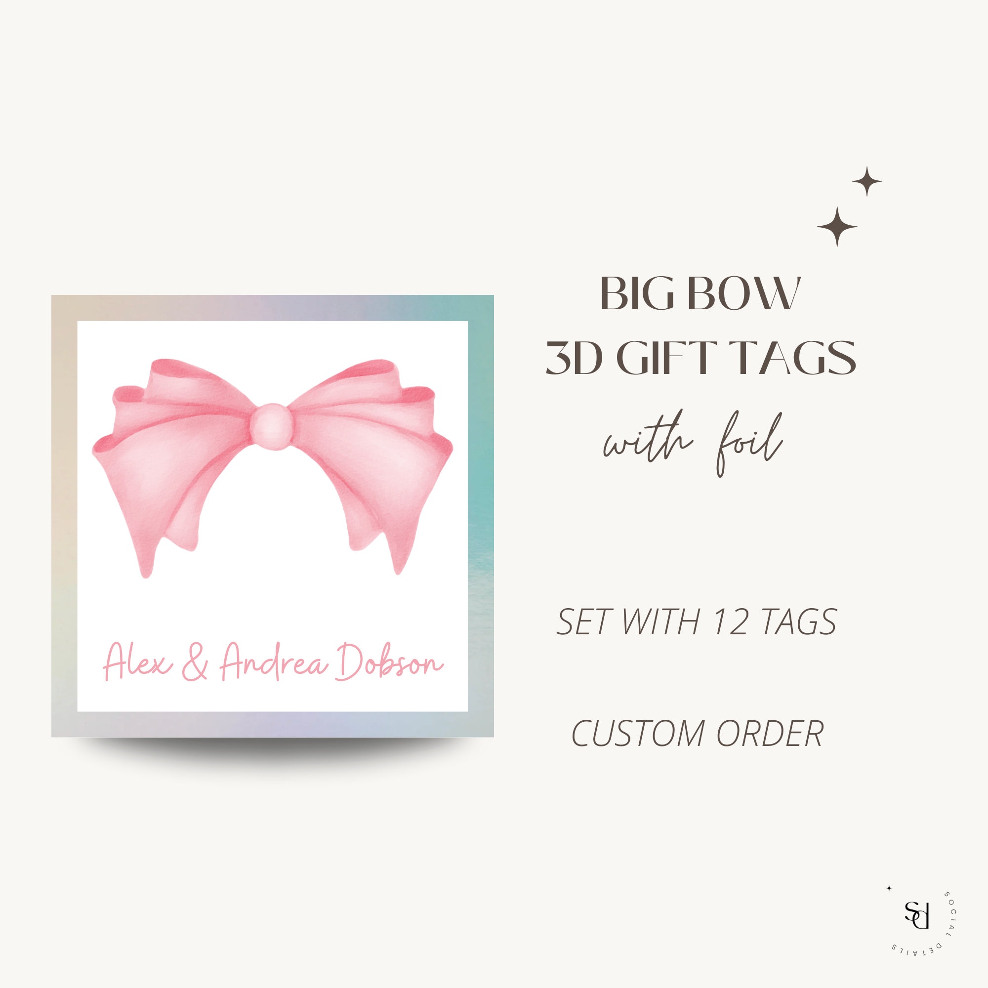 Watercolor Pink Bow Gift Tags, 3D Gift Tags, Personalized Gift Tags ...