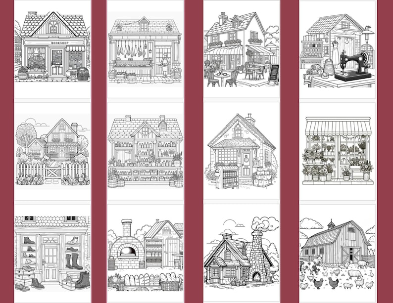 Village Life Coloring Pages for All Ages: Charming Houses, Quaint Shops ...
