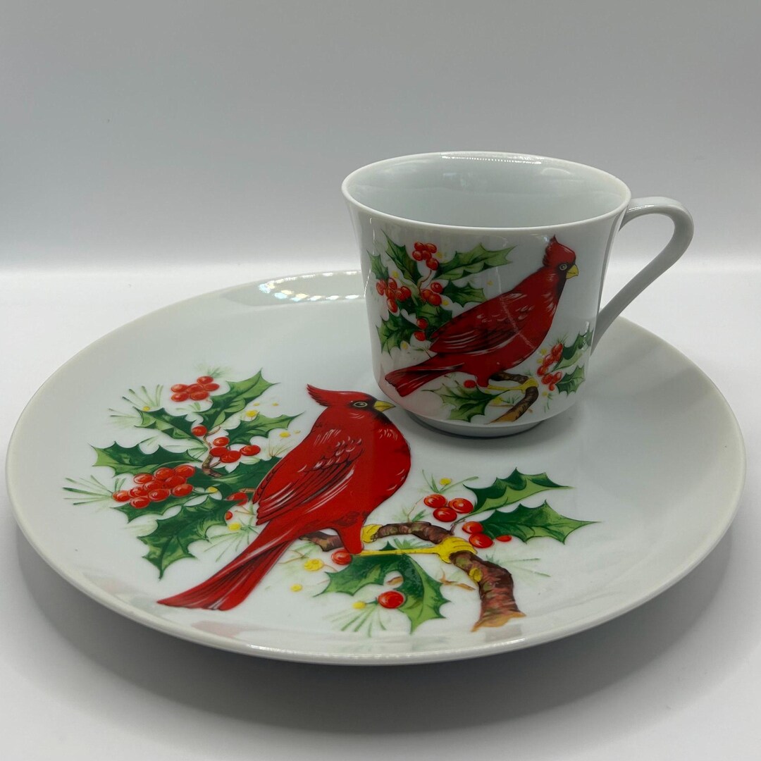 Vintage Enesco Japan Red Bird Tea Cup Plate Set Lunch/bruncheon Plates ...