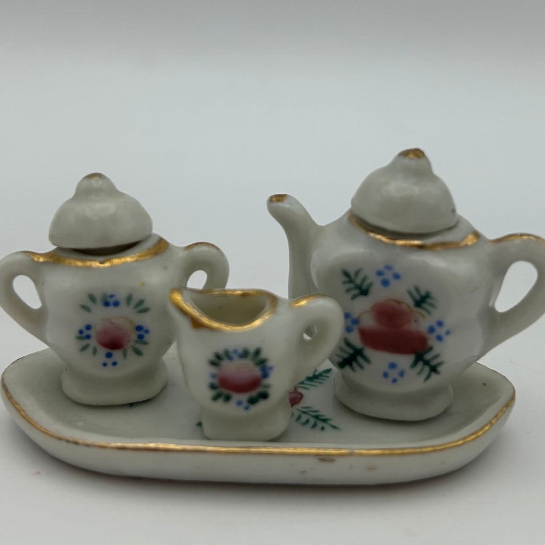 Vintage Miniature Doll House Sized Tea Set With Tray, Lidded Sugar Bowl ...