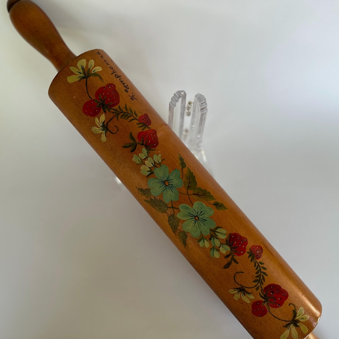Vintage Han Painted Rolling Pin With Strawberries, Blue and Yellow ...