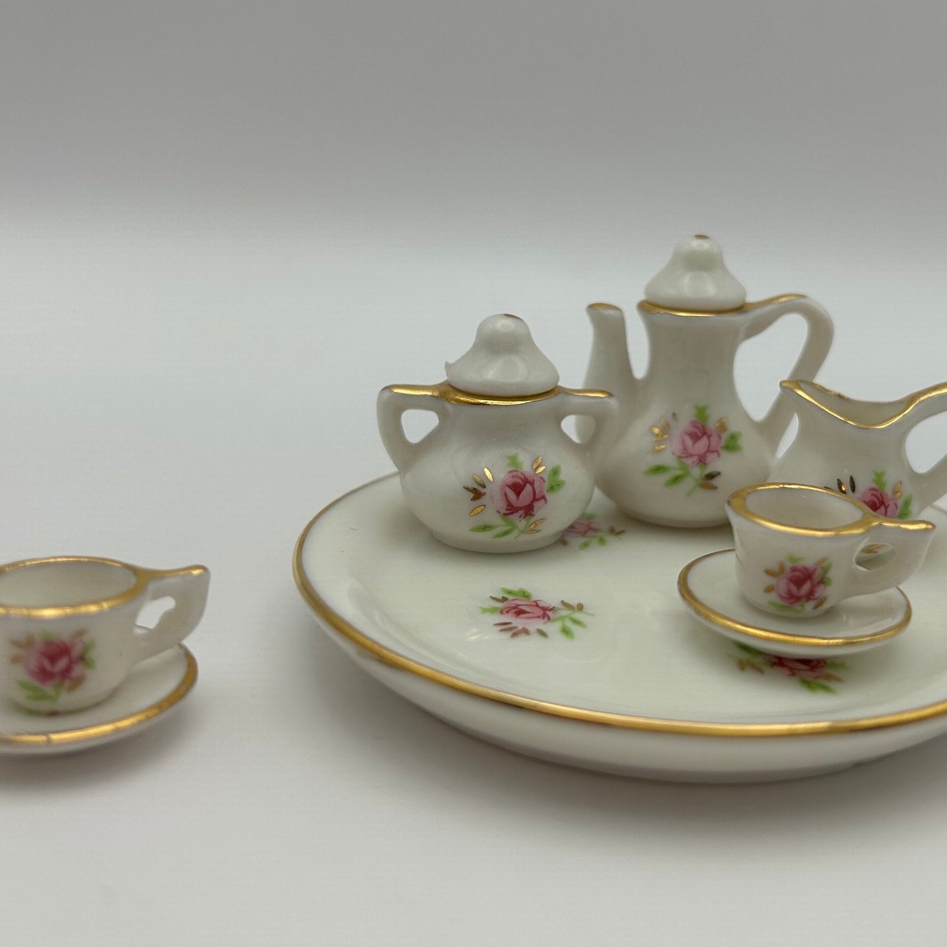 Victorian 10 Piece Porcelain Pink Rose Mini Tea Set With Gold Trim Dollhouse Accessory - Etsy